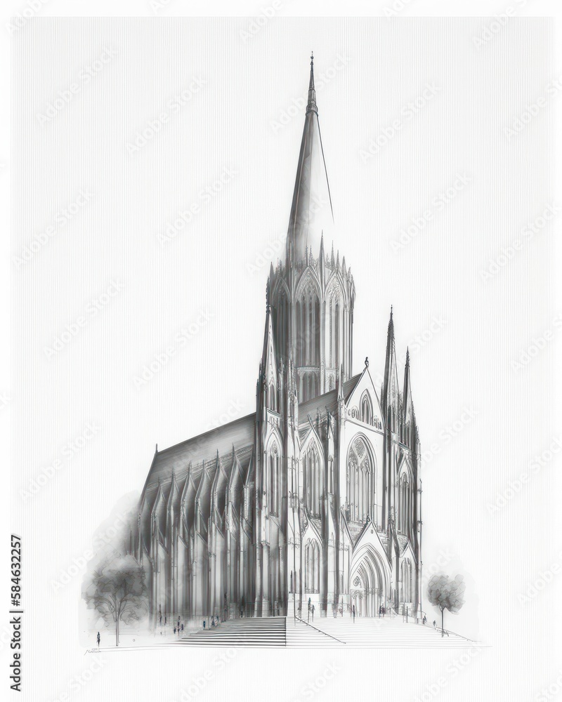 Minimalistic line art image of a gothic cathedral with white background ...