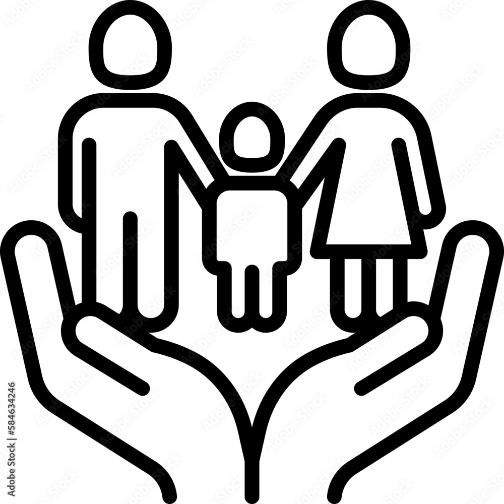 Adoptive parents thin line icon, family with child in human hands ...