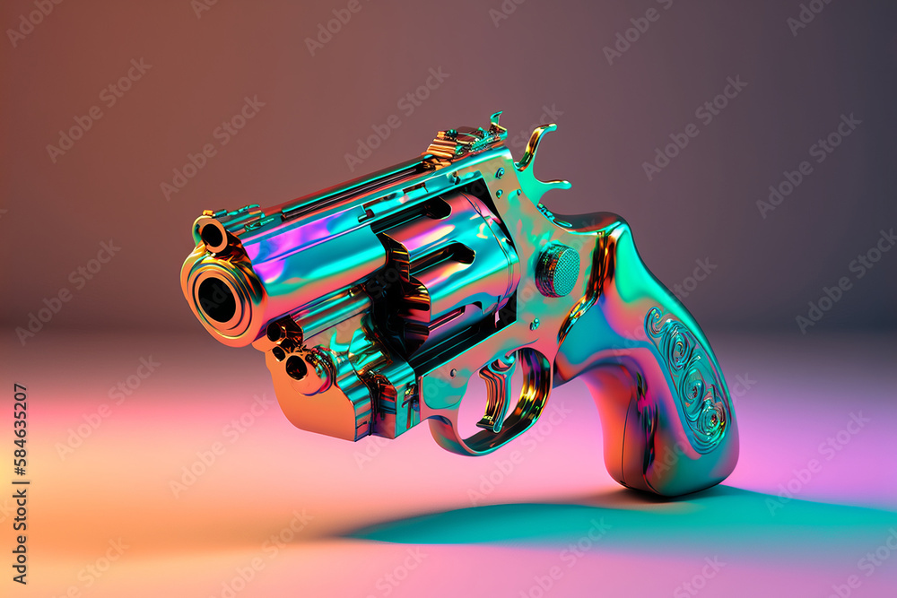 Generative AI illustration of metallic 3d sculpture of revolver gun in ...