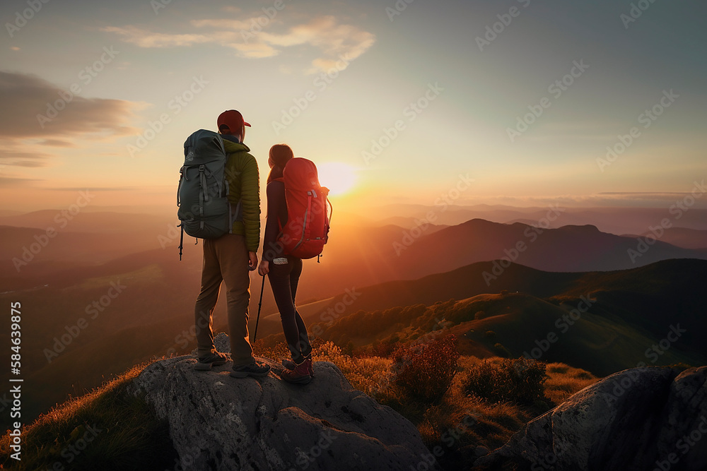 A pair of man and woman friends standing on top of a mountain together ...