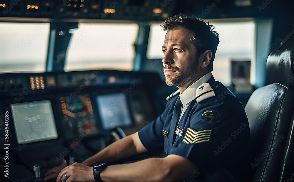 captain pilot inside cockpit of flying passenger plane. Generative AI ...