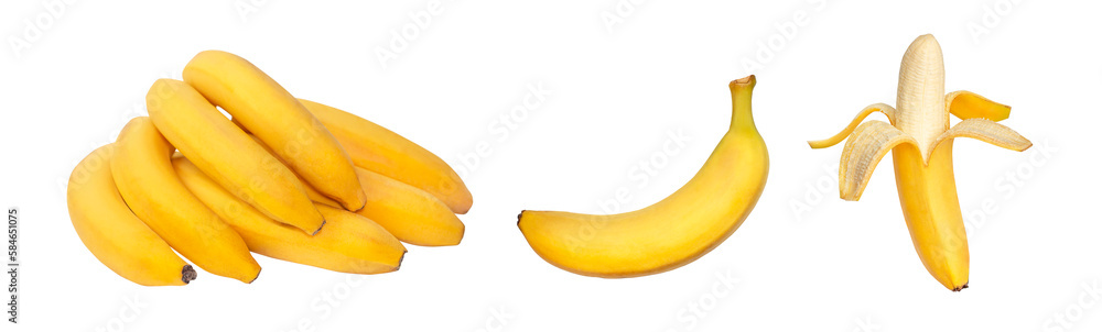 Banana set. Collection with fresh bananas. Peeled banana, banana bunch ...