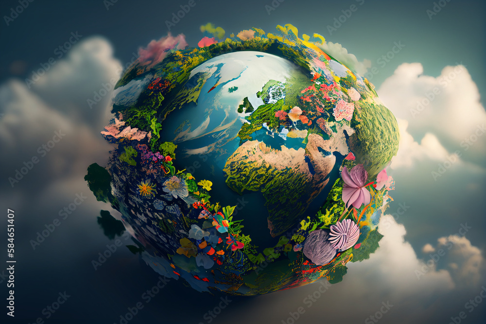 beautiful planet earth made of flowers and sprouting plants, planet day ...