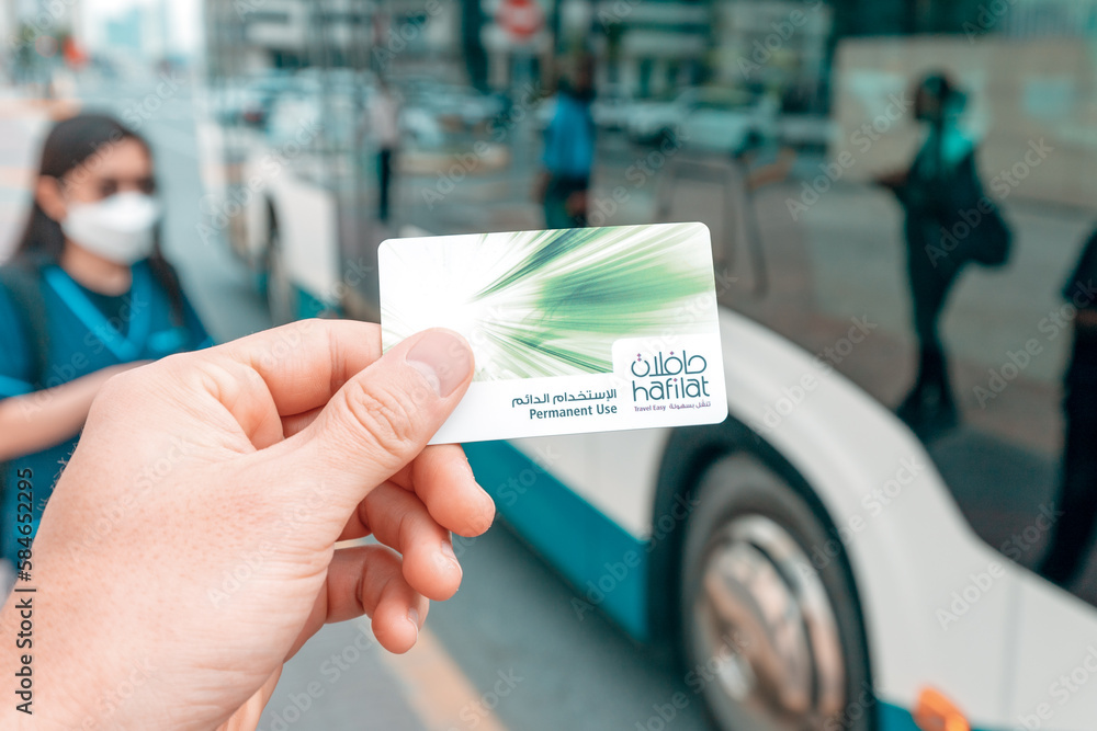 14 January 2023, Abu Dhabi, UAE: Hafilat prepaid transport card in the ...