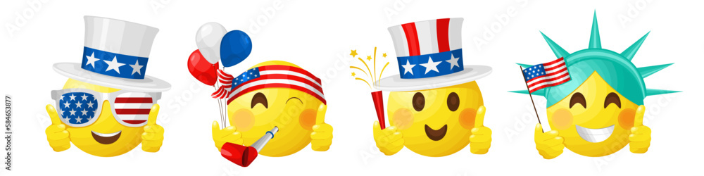 American emoji set with sunglasses, flags, liberty crown, balloons and ...