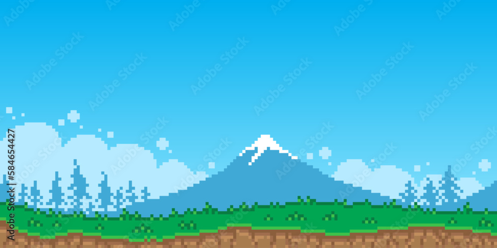 Colorful simple vector pixel art horizontal illustration of daylight ...