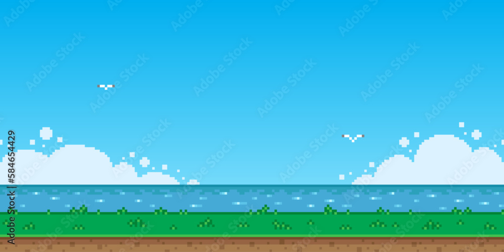 Colorful simple vector pixel art horizontal illustration of summer sea ...