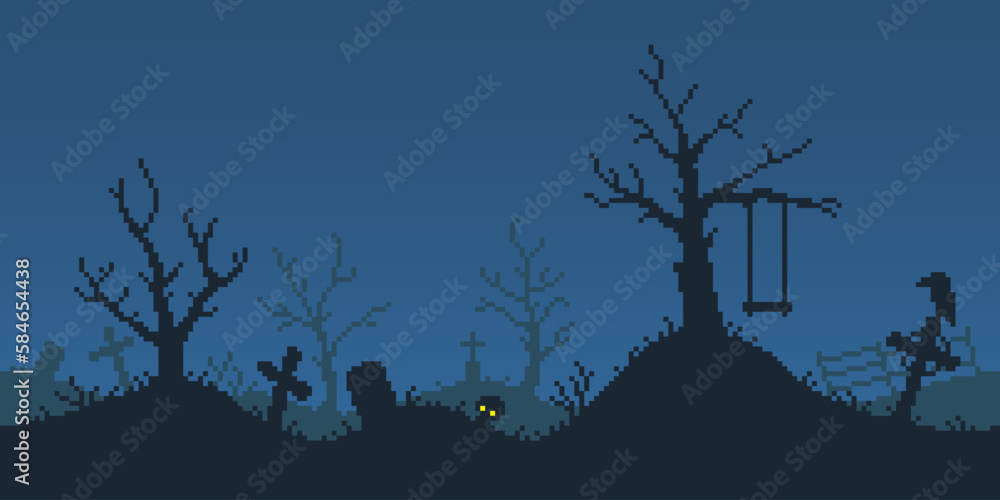 Colorful simple vector pixel art horizontal illustration of cemetery ...