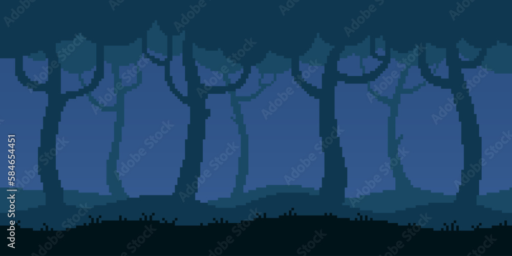 Colorful simple vector pixel art horizontal illustration of dark forest ...