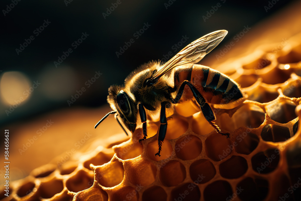 Detailed macro image of a bee collecting honey in a beehive generative ...