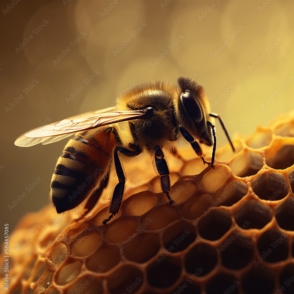 Detailed macro image of a bee collecting honey in a beehive generative ai. Bee on a honeycomb in ...