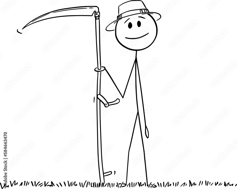 Farmer With Scythe Mowing Grass , Vector Cartoon Stick Figure ...