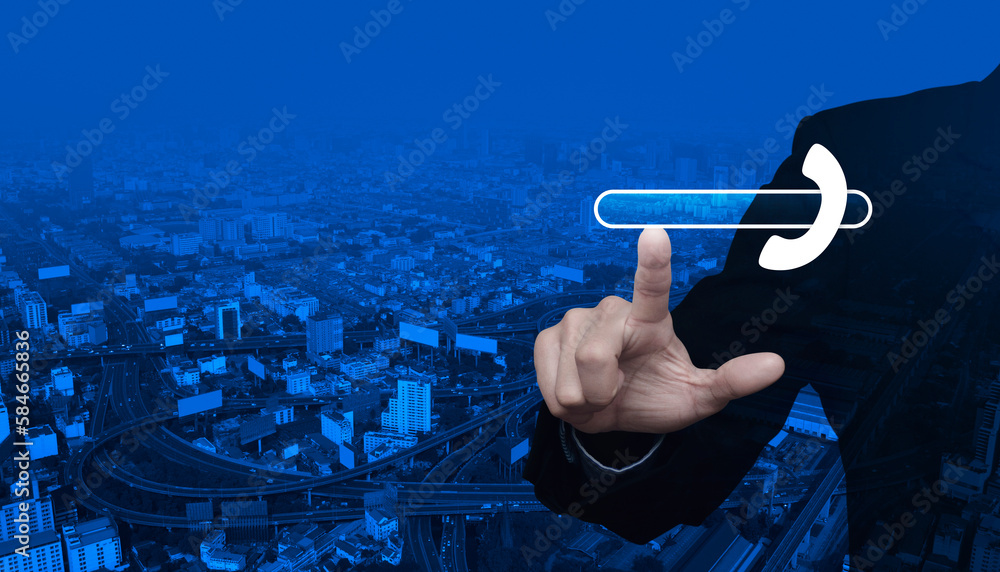 Businessman pressing phone icon with copy space for add your phone ...