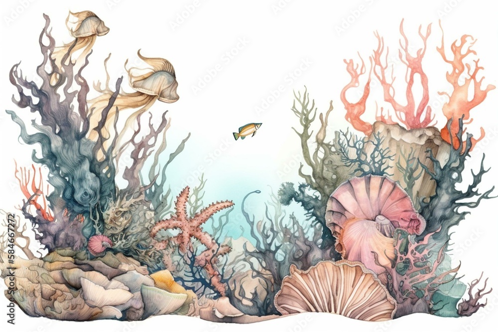 framed corner with shells algae, corals, jellyfish, and seahorses ...