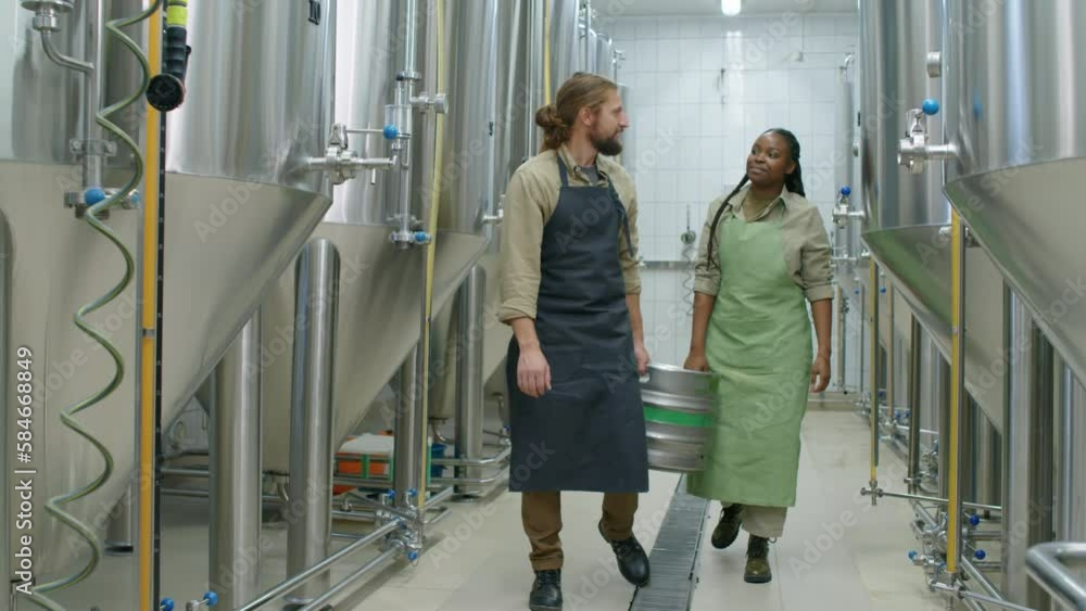 Full shot of Caucasian male and African American female brewery workers ...