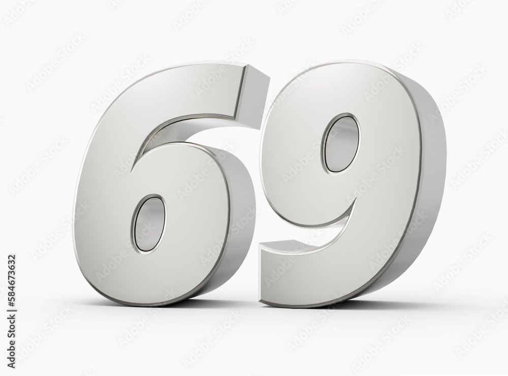 Silver 3d numbers 69 Sixty nine. Isolated white background 3d ...