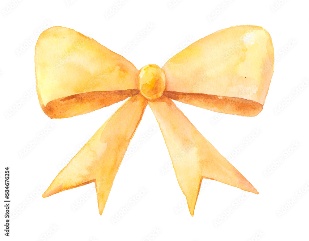 Watercolor hand drawn yellow bow for holiday design of any kind of ...