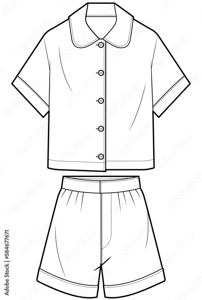 women's pajama set flat sketch vector illustration technical cad ...