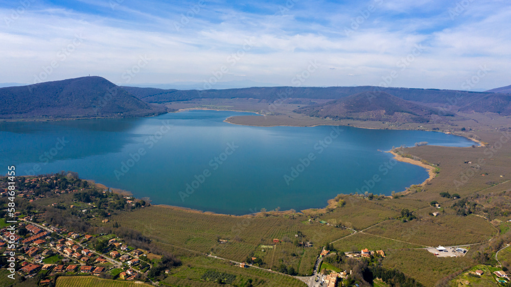 Aerial view of Lake Vico. It is a volcanic lake in the northern Lazio ...