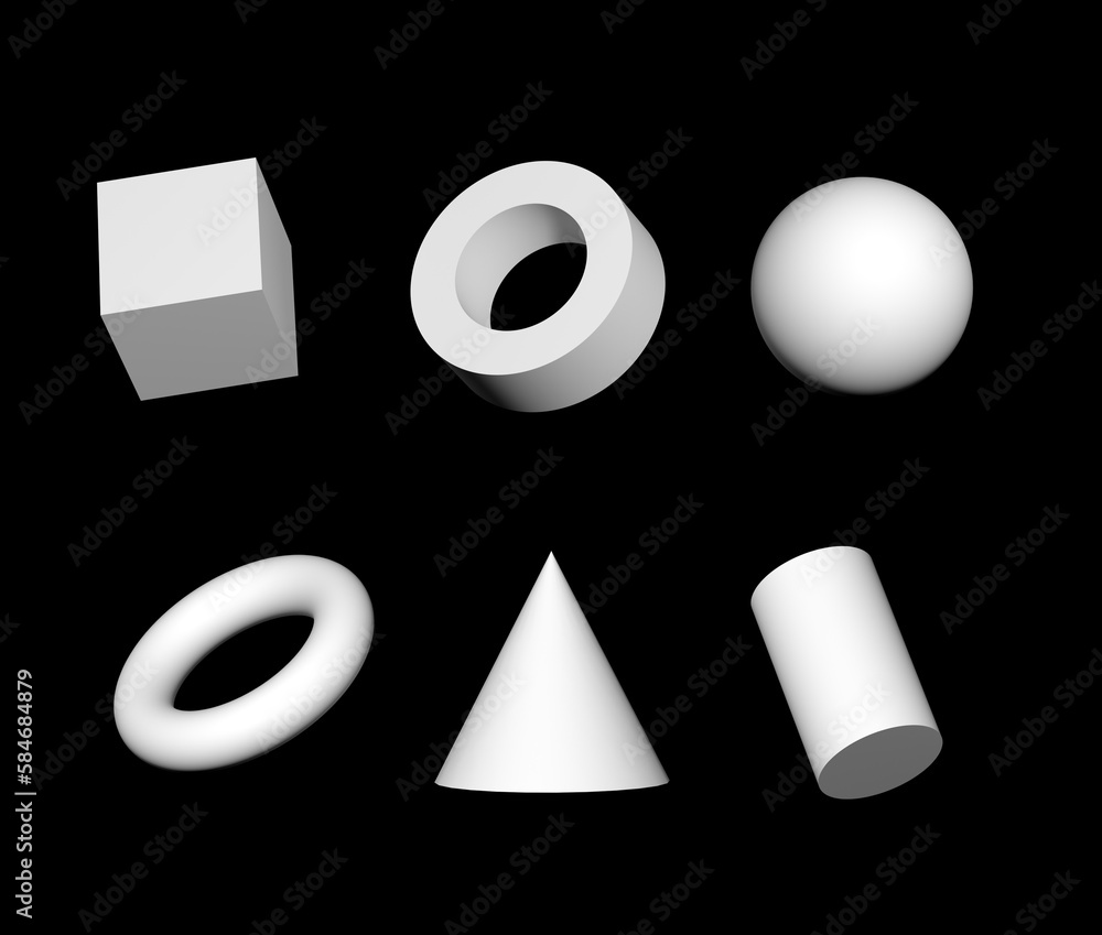 Set of 3d shapes. 3d render white geometric shapes. Realistic primitives. Geometry elements ...