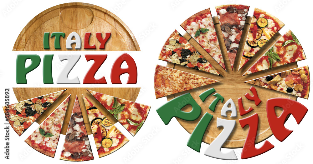 Illustrazione Stock Italy Pizza. Wooden cutting board with pizza slices ...