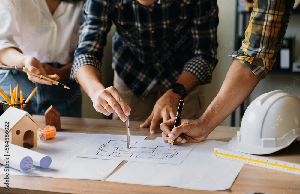 Engineer teams meeting working together wear worker helmets hardhat on ...
