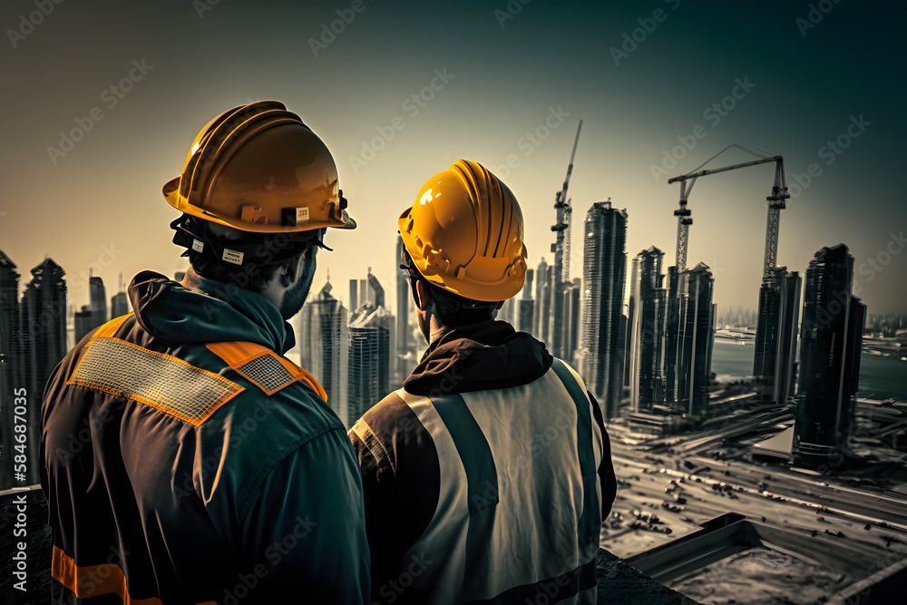 Diverse team experts inspecting construction site of commercial ...