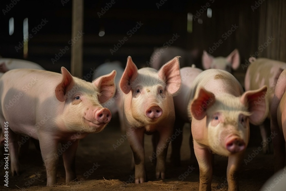 several small and one large pig by barn at pig farm. Generative AI ...