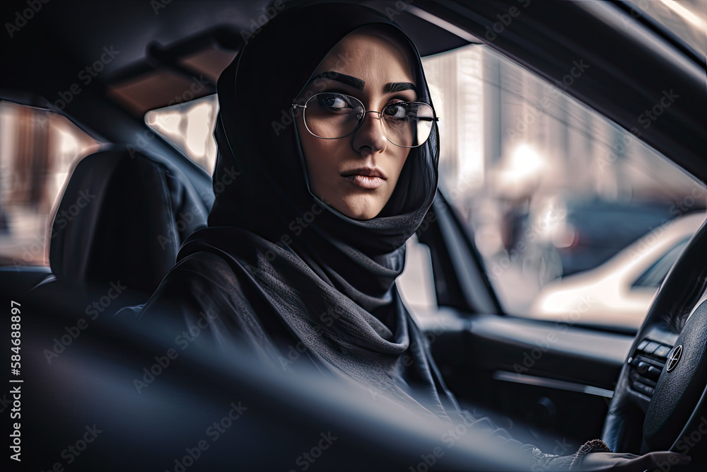 Ilustrace „Generative AI Illustration of an Arab woman driving a car ...