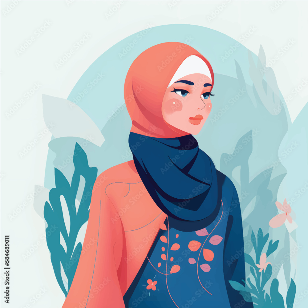 Hijab girl Illustrations: Flat Cartoon Style Depicting Modestly Dressed ...
