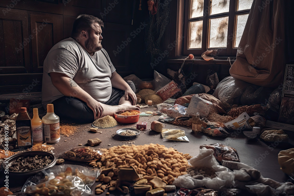 Generative AI Illustration of an obese man surrounded by junk food ...