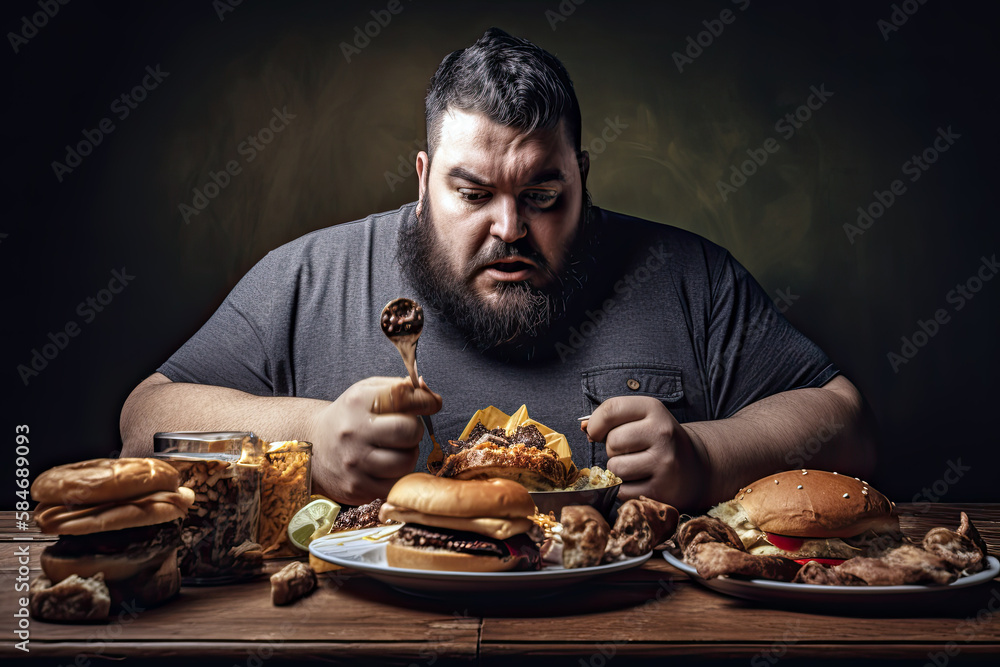 Generative AI Illustration of an obese man in front of a table full of ...