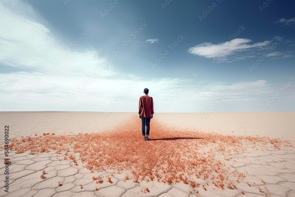 Generative AI Illustration of a man from behind looking at the horizon ...