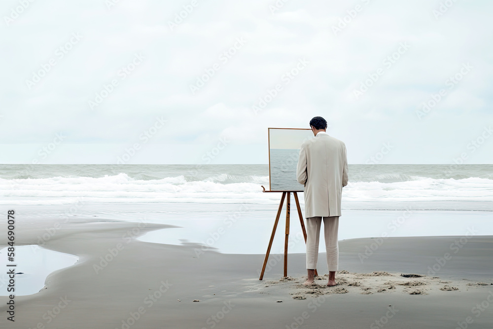 Generative AI Illustration of a man from behind painting the sea on the ...