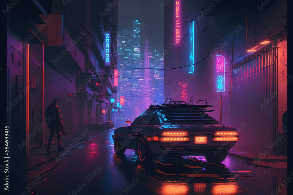 Cyberpunk car retro 80s sport style. Futuristic supercar in cyber punk ...