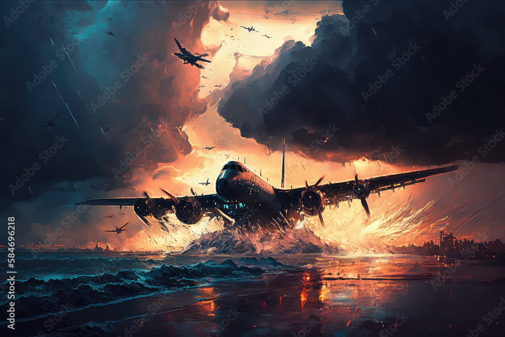 illustration painting of planes flying in the storm, city, Digital Art ...