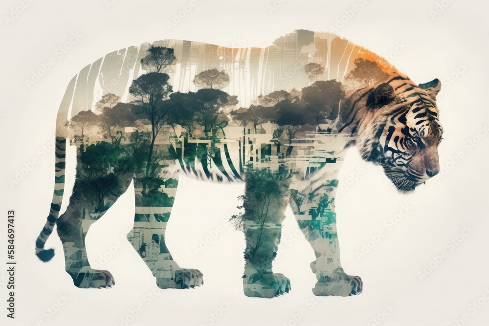 Tiger and forest double exposure collage photomontage image on white ...