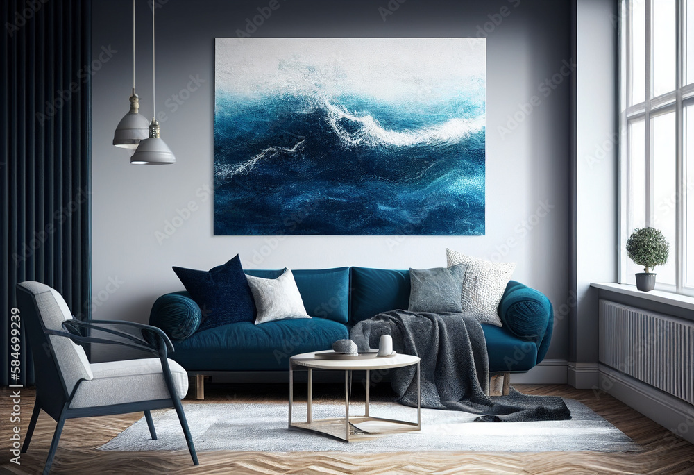 A blue luxury europe style interior design with a sofa and tea table ...