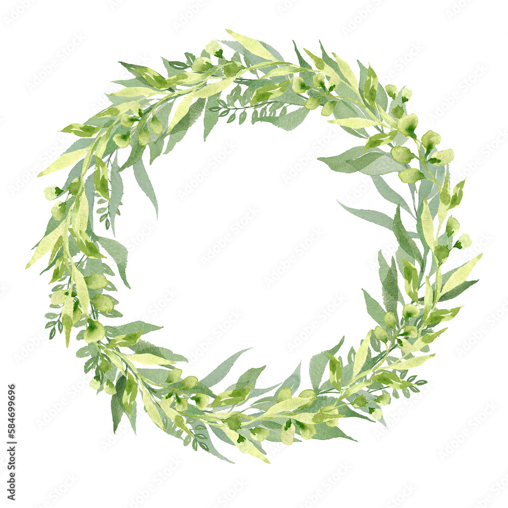 Watercolor greenery wreath. Gentle design green leaves templates for ...