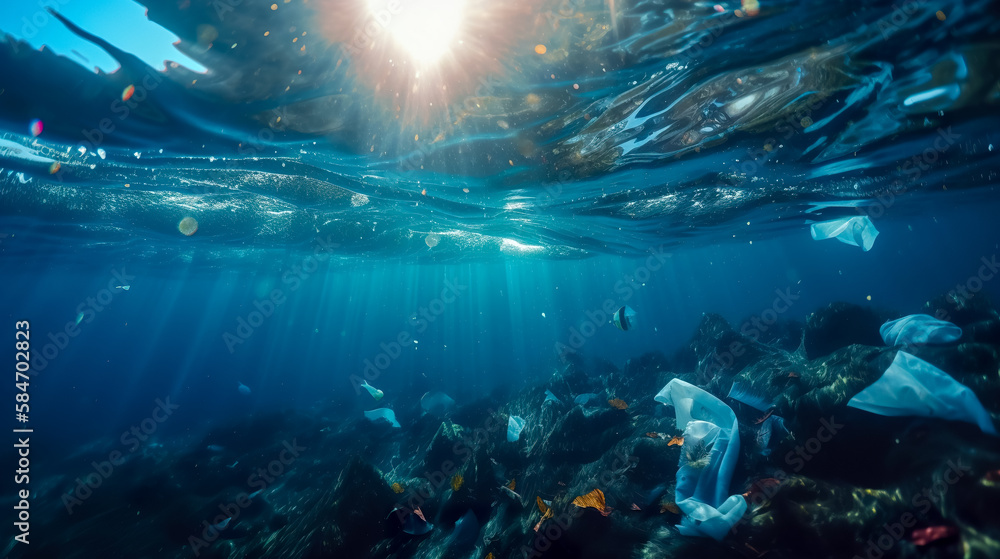 Plastic pollution in ocean. Problem plastic bottles and microplastics ...