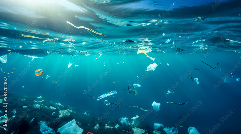 Plastic pollution in ocean. Problem plastic bottles and microplastics ...