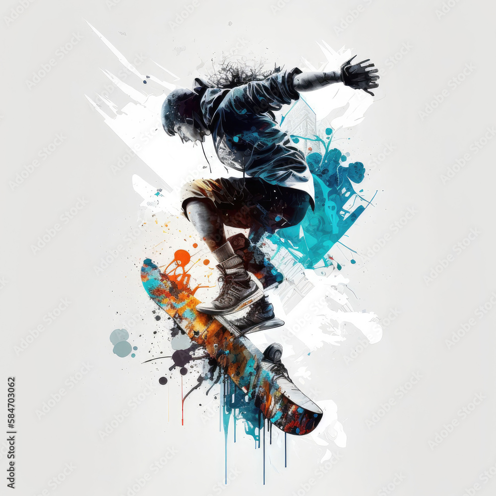 Extreme sports, graffiti style skateboard boy black and white material ...