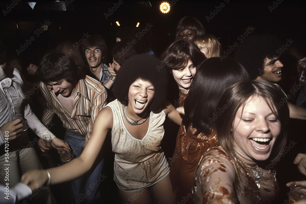 Group of friends having fun at a retro disco club wearing vintage ...