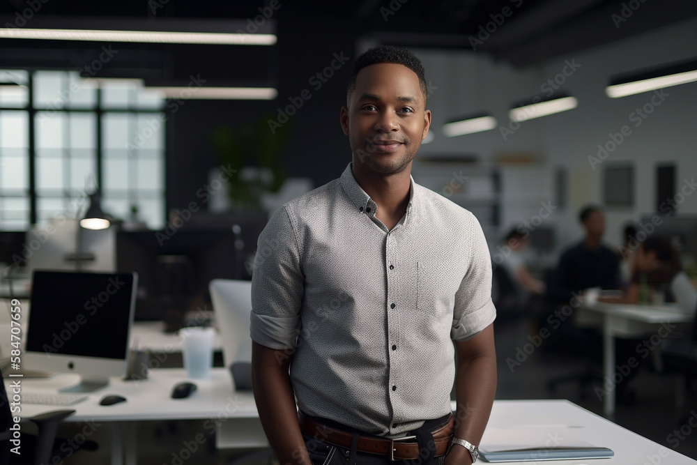 African American man with black hair in a tech office. Male worker in ...