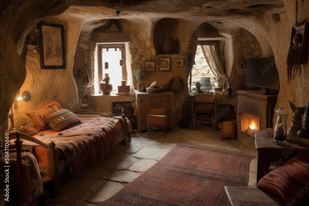 Interior of an ancient cave dwelling. ancient stone house. Turkey's ...