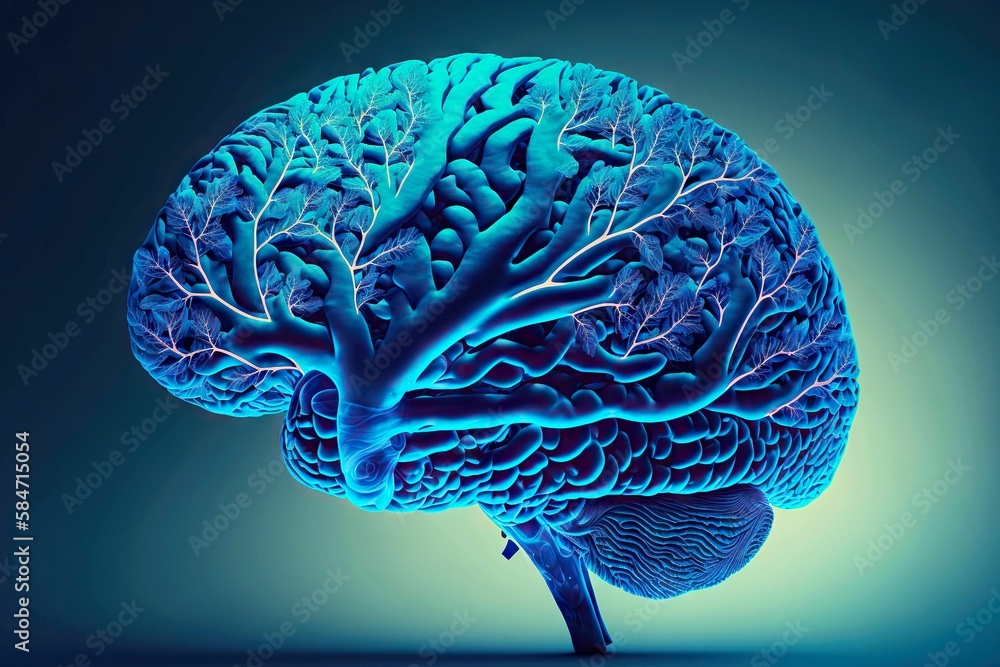 Dark background with illuminated model of brain in blue tones, created ...