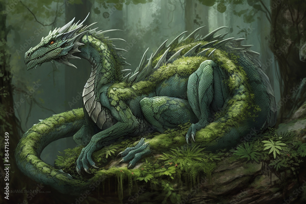 A Forest Dragon With Green, Leaf - Like Scales And A Serpentine Tail ...