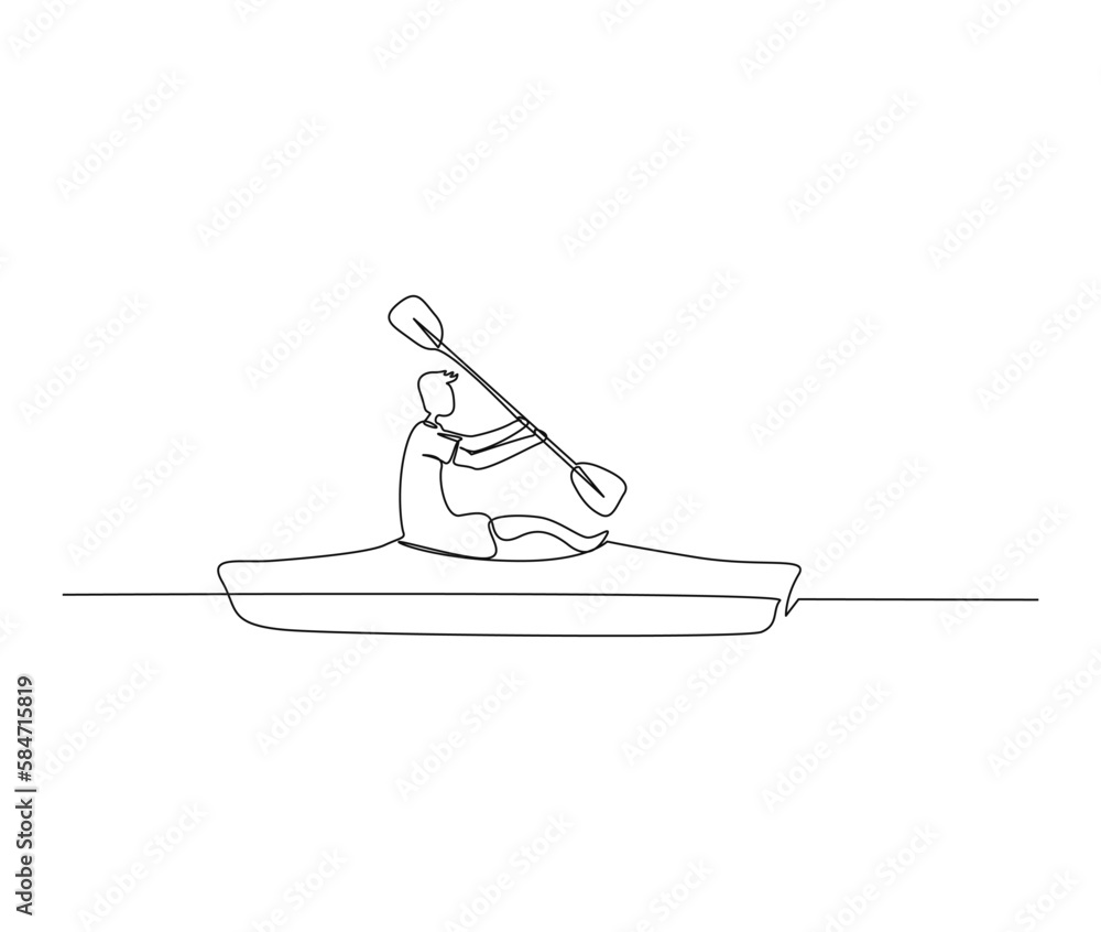 Continuous one line drawing of young man rafting on kayak or canoe ...