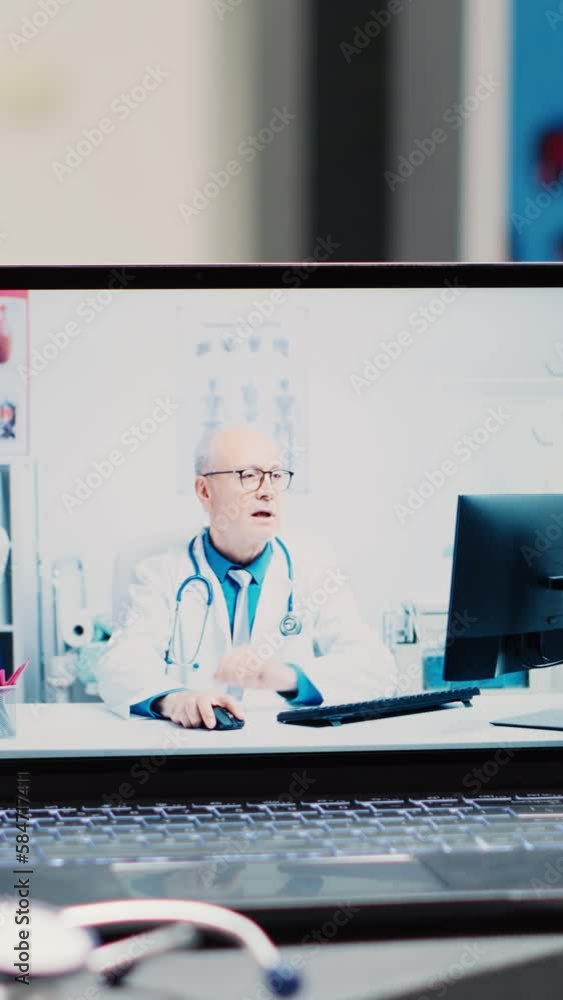 Vertical video: Medic using online videocall at desk, laptop placed on ...