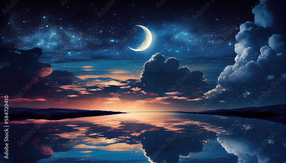 Peaceful background, blue night sky with moon, stars, beautiful clouds ...